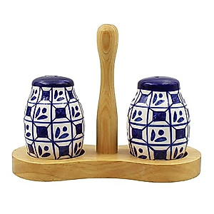 Hand-Painted Portuguese Pottery Clay Terracotta Blue Salt & Pepper Shaker Set