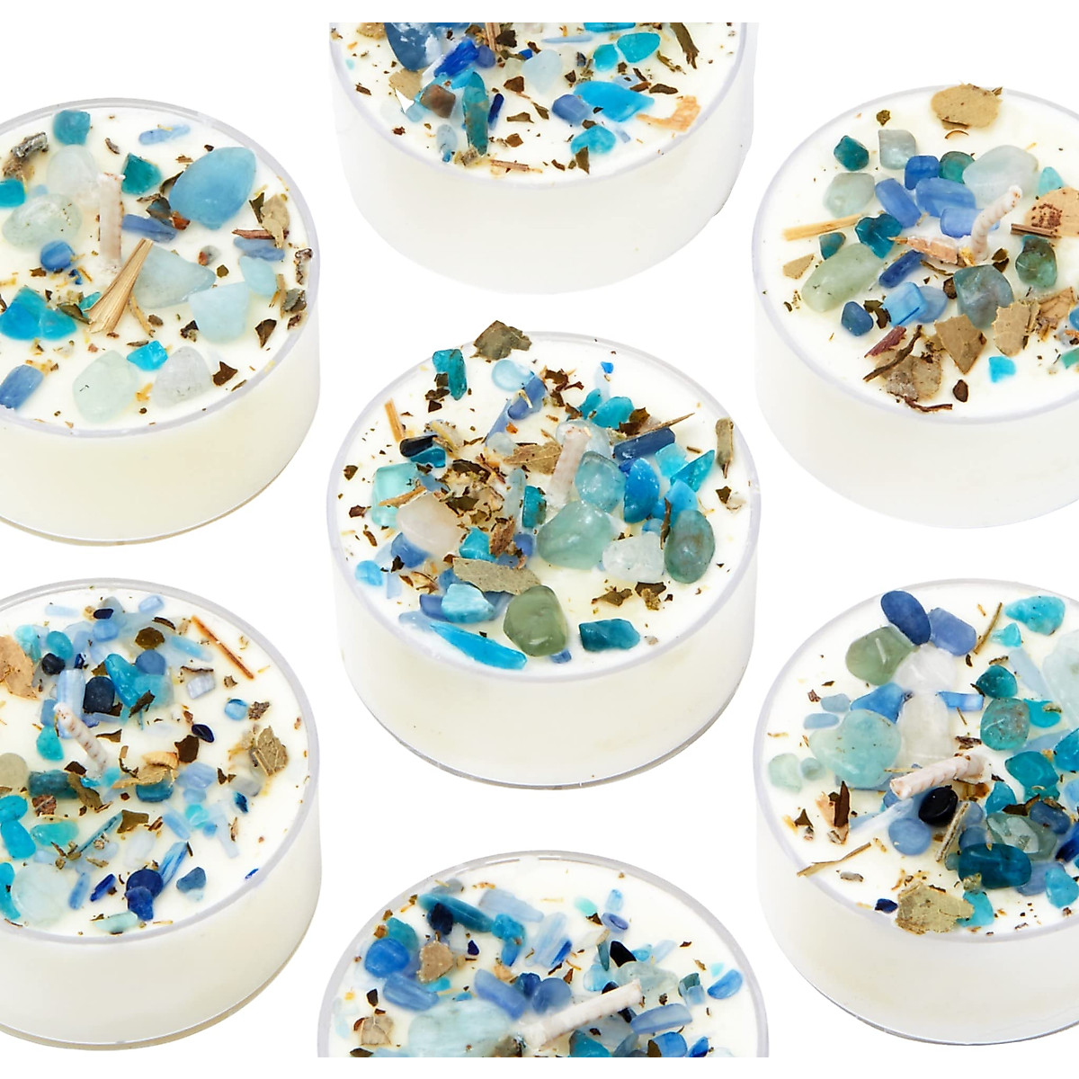 Throat Chakra Candle by New Moon Beginnings - Chakra Candles - Dried Flower, Herb, & Crystal Candles - Aromatherapy Candles - Soy Candle - Set of 6 Tealights