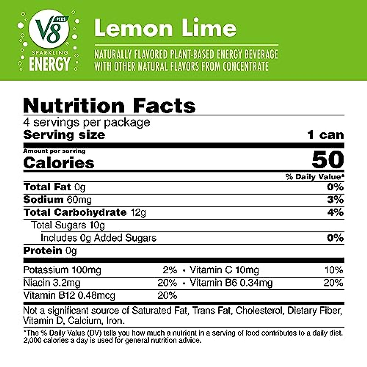 V8 +Energy Sparkling Lemon Lime Juice Energy Drink, 11.5 fl oz Can (4 Pack)