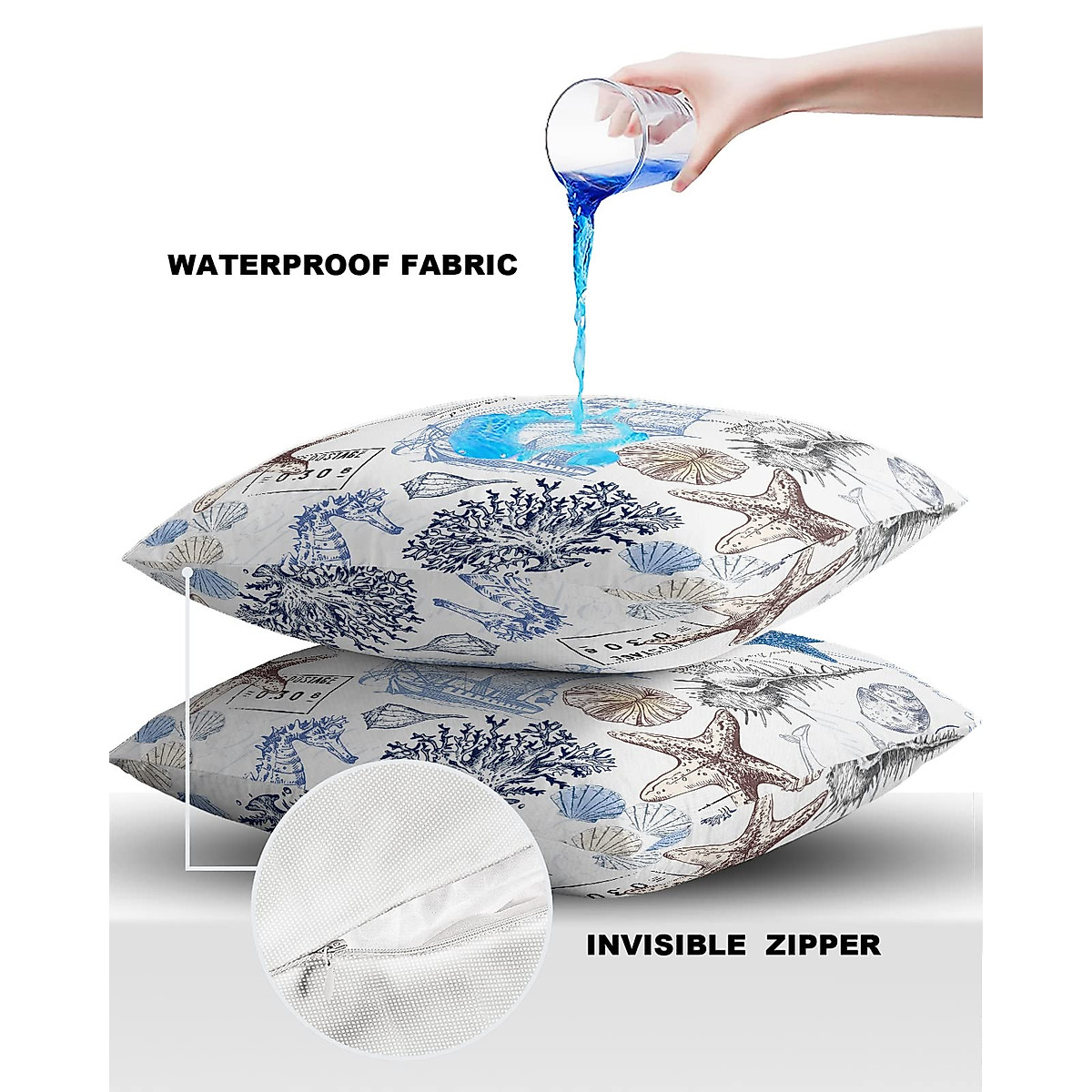 Outdoor Waterproof Pillow Covers Set of 2, Nautical Theme Marine Sail Boat Beach Starfish Shell Seashell Patio Throw Pillow Covers, Decorative Cushion Case for Couch Sofa Furniture Garden, 20x20 Inch