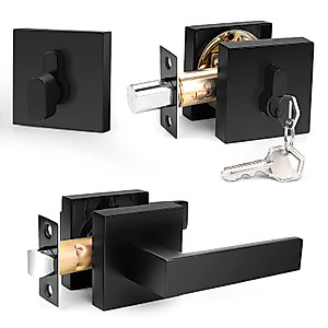 Probrico Flat Black Passage Door Lever with Single Cylinder Deadbolts Combo Pack, Modern Square Lock Set Handleset,Exterior Handle and Set,Exterior