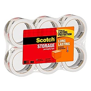 Scotch Long Lasting Storage Packaging Tape, 1.88" x 54.6 yd, Designed for Storage and Packing, Stays Sealed in Weather Extremes, 3" Core, Clear, 6 Rolls (3650-6)