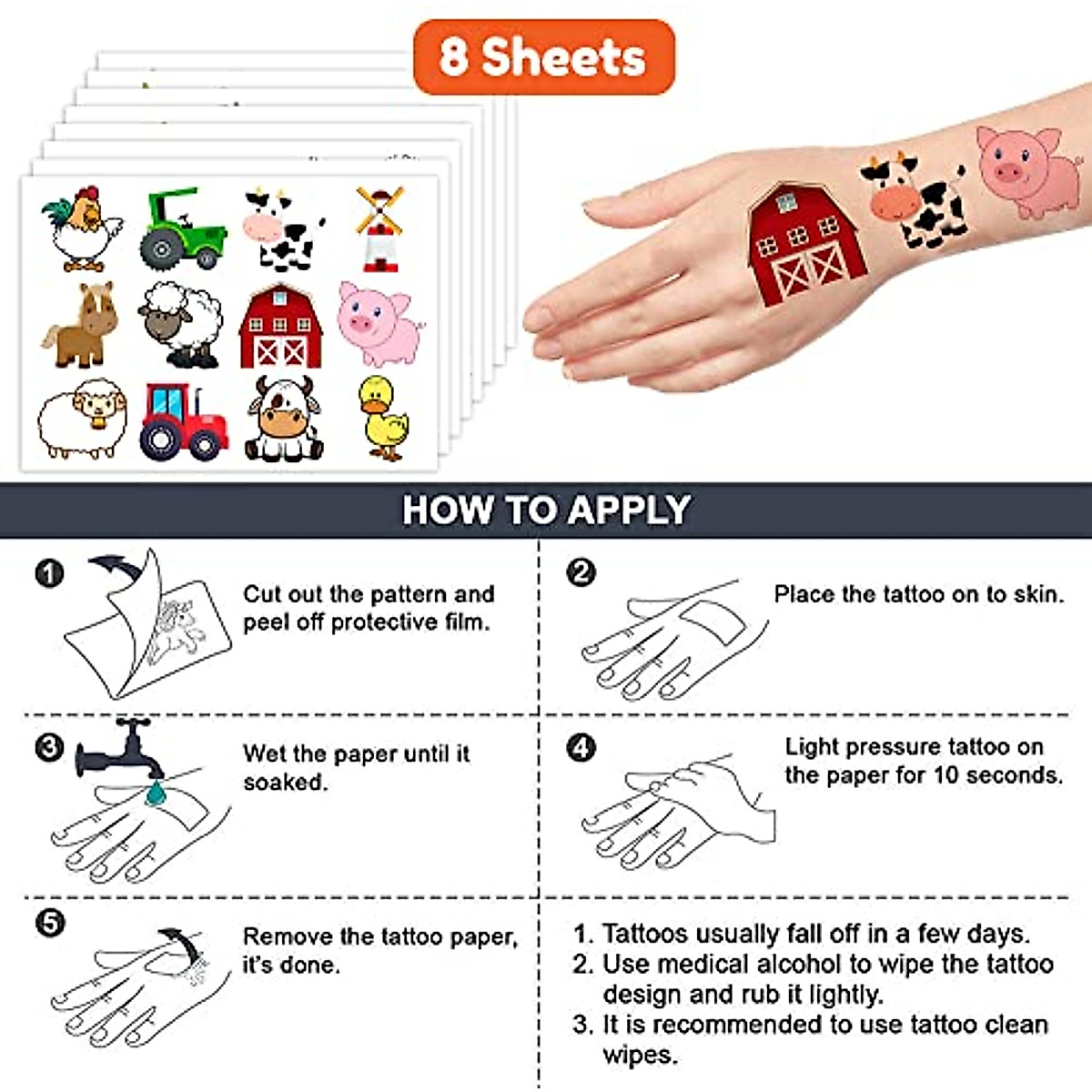 Pink Farm Barnyard Animal Temporary Tattoos Themed Birthday Party Supplies Decorations Favors Decor Cute Tattoo Sticker 8Sheets 96PCS Gifts for Kids Girls Boys School Prizes Rewards Carnival Christmas