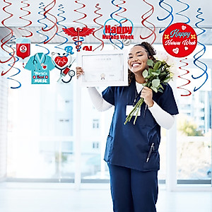 Nurses Week Decorations, 38PCS Nurses Hanging Swirls Decorations 2024, Blue Red Swirls School RN Nurse Graduation Decor, Happy Nurses Week Appreciation Swirls for Nursing Graduation Party Supplies