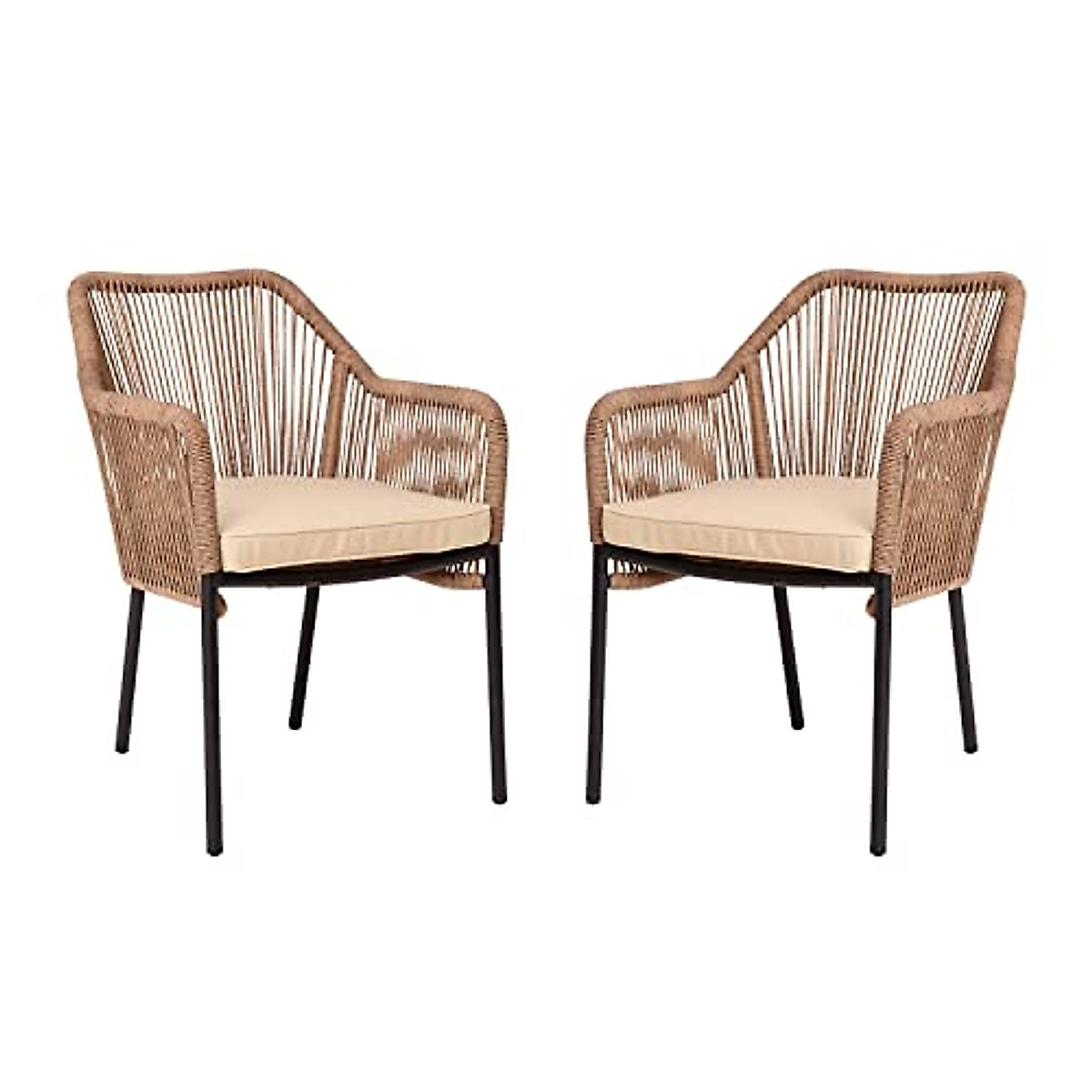 Flash Furniture Kallie Set of 2 Indoor/Outdoor Stacking Club Chairs with Arms - UV Resistant Woven Natural Seat - Ivory Zippered Cushions - Black Aluminum Frame