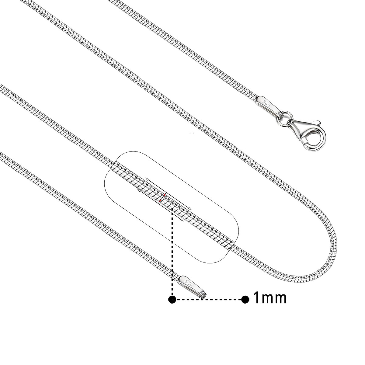 MILACOLATO 925 Sterling Silver Chain Necklace for Women Men 1MM Solid Round Snake Chain Necklace Rhodium Plated Durable Italian Silver Necklace Chain Jewelry - Lobster Clasp - 22"