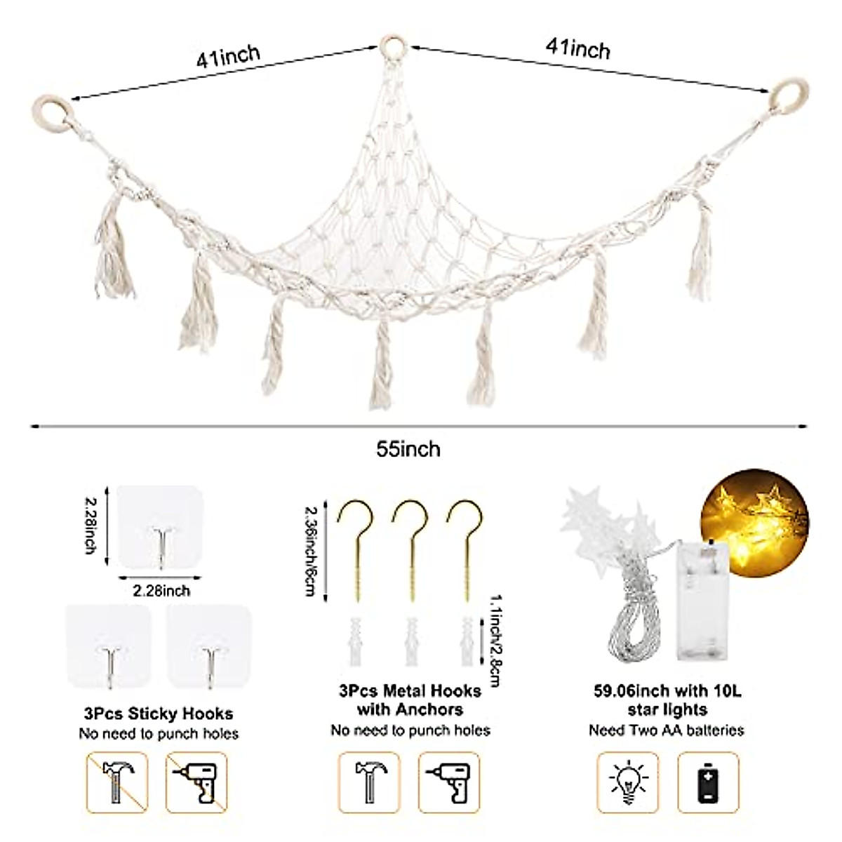 Stuffed Animal Hammock, 55inch Hand-Woven Toy Hammock Boho Tassel Macrame with Star Light String Corner Hanging Organizer Storage Plush Toys Net Holder for Nursery Play Room Kids Bedroom Decoration