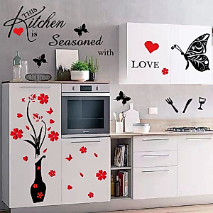 Kitchen Wall Decor Stickers Kitchen Quotes this Kitchen is Seasoned with Love Red Heart Butterfly Wall Sticker Removable Wall Decals Vase Wall Art Sticker for Dinning Room Kitchen Restaurants Home