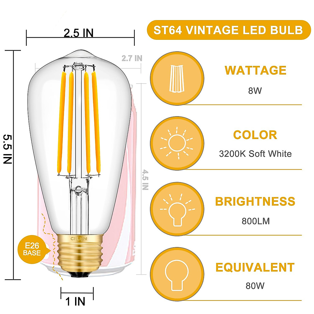 CRLight 8W Dimmable LED Edison Bulb 80W Equivalent 800LM, 3200K Soft White E26 Vintage Clear ST64 Lengthened Filament LED Bulbs, Smooth Dimming Version, 6 Pack