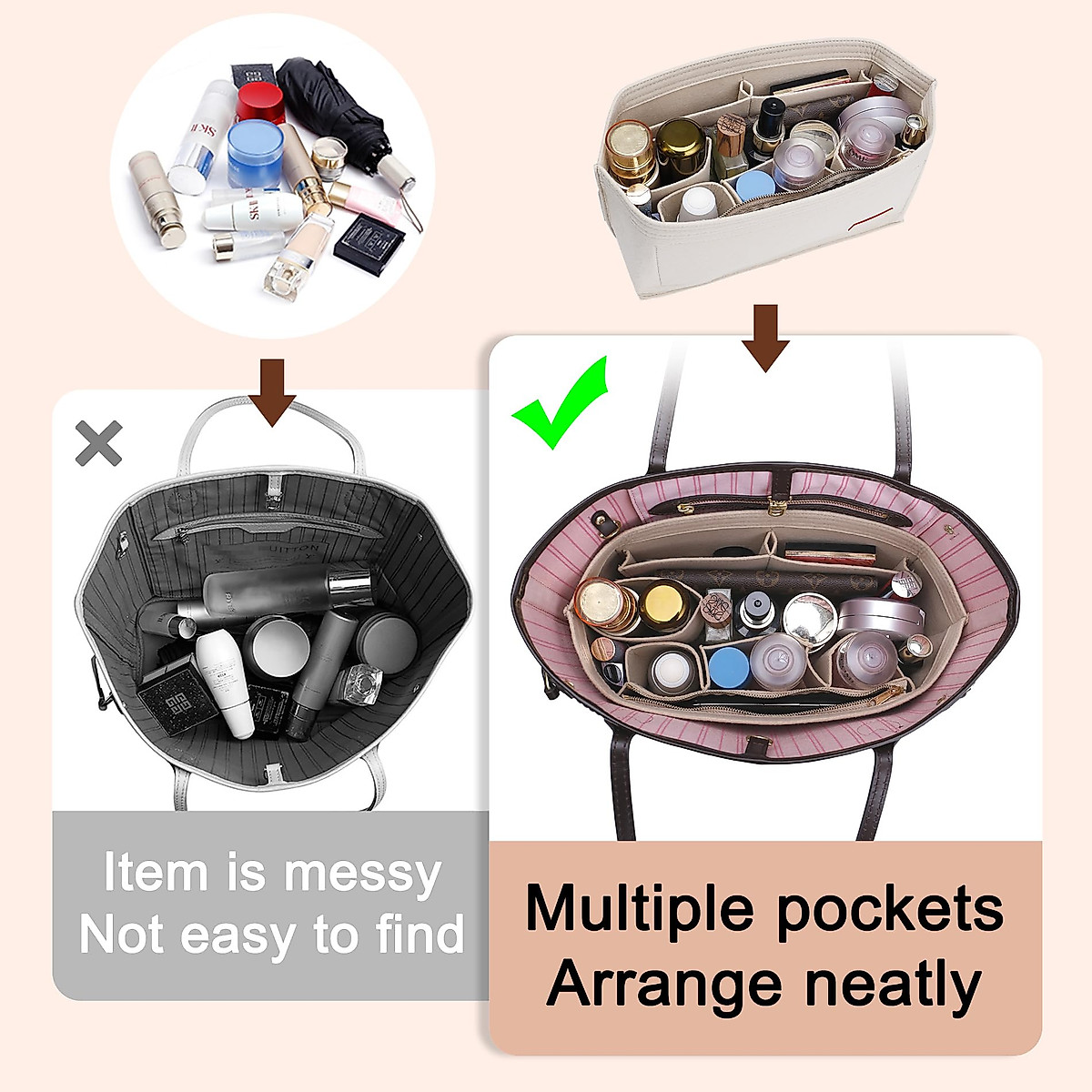 Doxo Purse Organizer Insert for Handbags & Base Shaper 2pc Set,Felt Le Pliage Large Tote,Bag Organizer with Zipper 3 Sizes,Compatible with Speedy Neverfull MM and More(Beige-L-Combination)