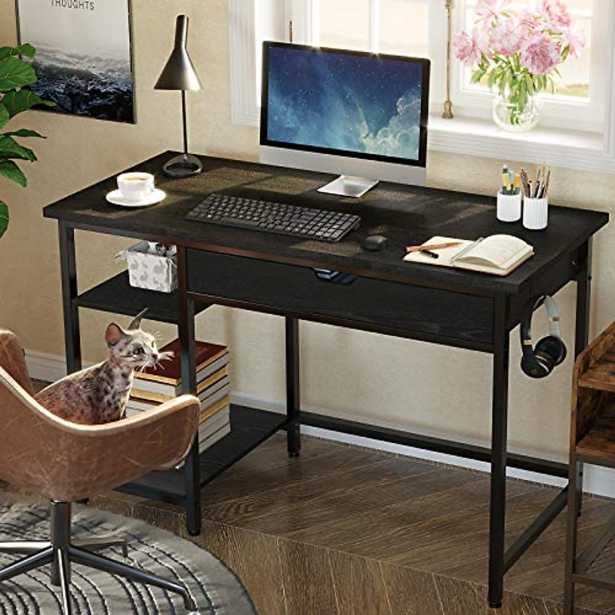 Rolanstar Computer Desk with Shelves and Drawer, 39" Home Office Writing Desk, Laptop Study Table Workstation,Business Style, Stable Metal Frame, Black