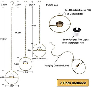 Solar Hanging Candle Lanterns Lights, ALL FORTUNE Outdoor Round Golden Metal Candle Lantern Holder with Flameless Tea Lights, Perfect for Garden, Backyard Decor, Home, Tree, Yard-Set of 3
