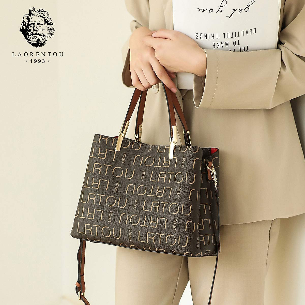 LAORENTOU Vegan Leather Small Tote Handbag for Women Checkered Purses Satchel Shoulder Bags Beach Travel Bag (01 Brown)