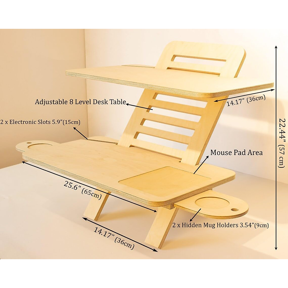 WOODCHES Adjustable Jumbo Wood Laptop Stand, Standing Desk Converter, Workstation Deskstand, Handmade Birch Plywood Tabletop, Home Office