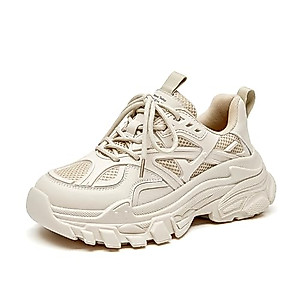 BEAU TODAY Chunky Sneakers for Women, Fashion Platform Sneakers Dad Shoes for Women, Casual Lace-up Walking Shoes Beige US 5.5