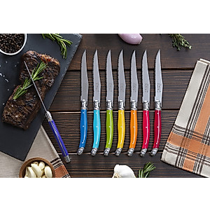 French Home Laguiole 8-Piece Steak Knife Set – Sophisticated Stainless Steel Dinner Knives with Rainbow Handles & Iconic Bee Emblem – Serrated Knives for Smooth Cutting (9.25")