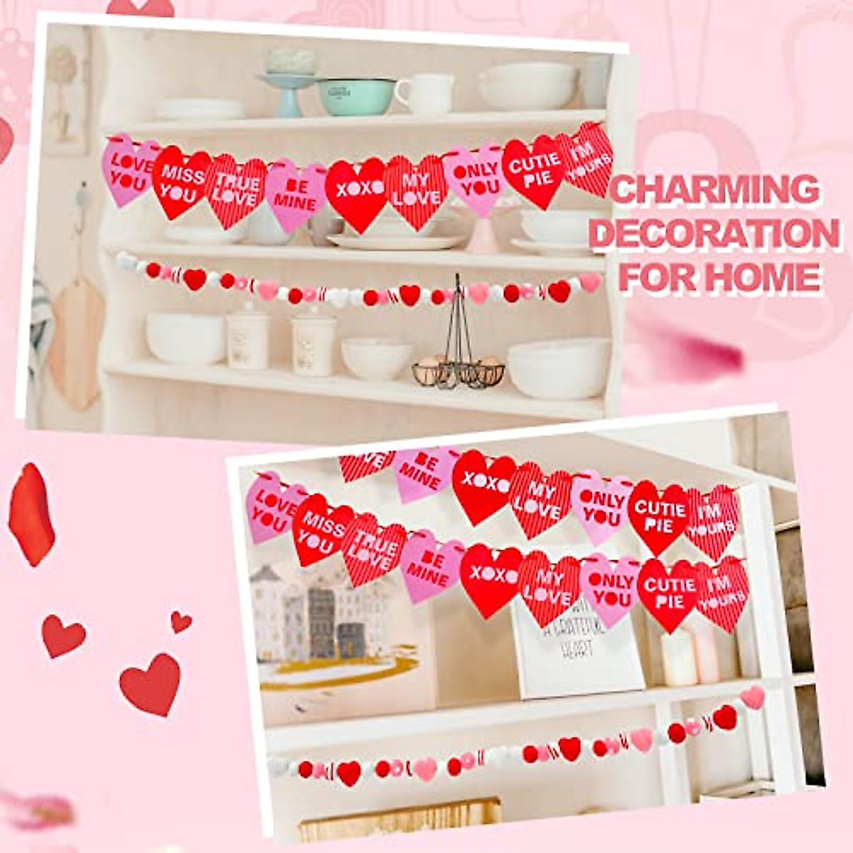 2 Pieces Valentines Day Felt Balls Banner Conversation Candy Hearts Banner Felt Pom Pom Garland Valentines Heart Sayings Garland for Valentines Party Wedding Birthday Decorations