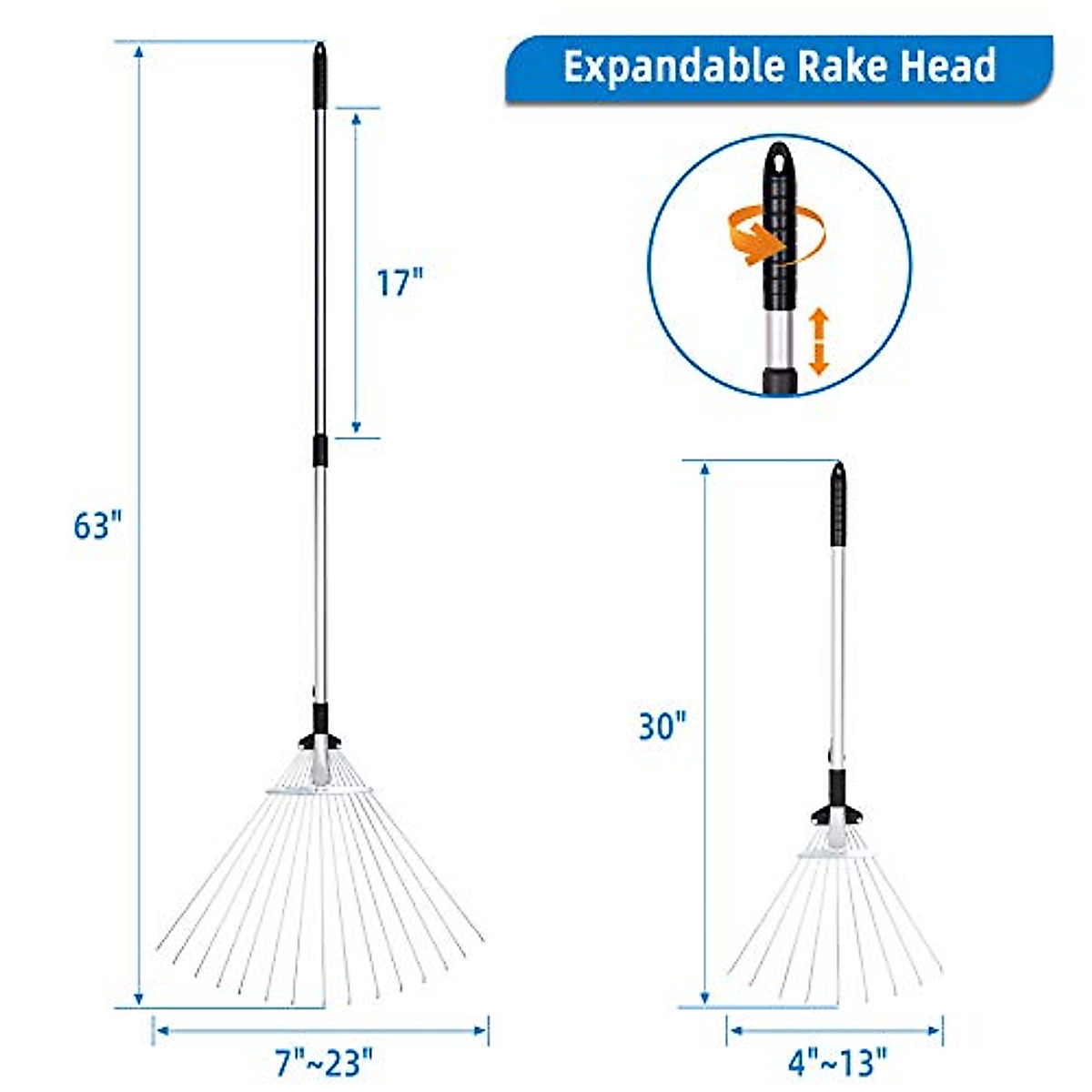 Decorlife 2-Pack Adjustable Yard Rake Set, Include 15-Tine 63" Rake and 9-Tine 30" Rake, Extendable Handle and Adjustable Head, Multipurpose Garden Leaf Rake Kit