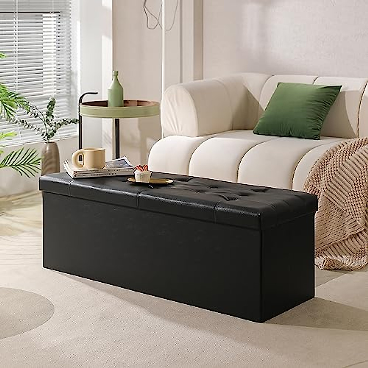 PRANDOM Jumbo Ottoman with Storage [1-Pack] Faux Leather Folding Small Square Foot Stool with Lid for Living Room Bedroom Coffee Table Dorm Black 43x15x15 inches