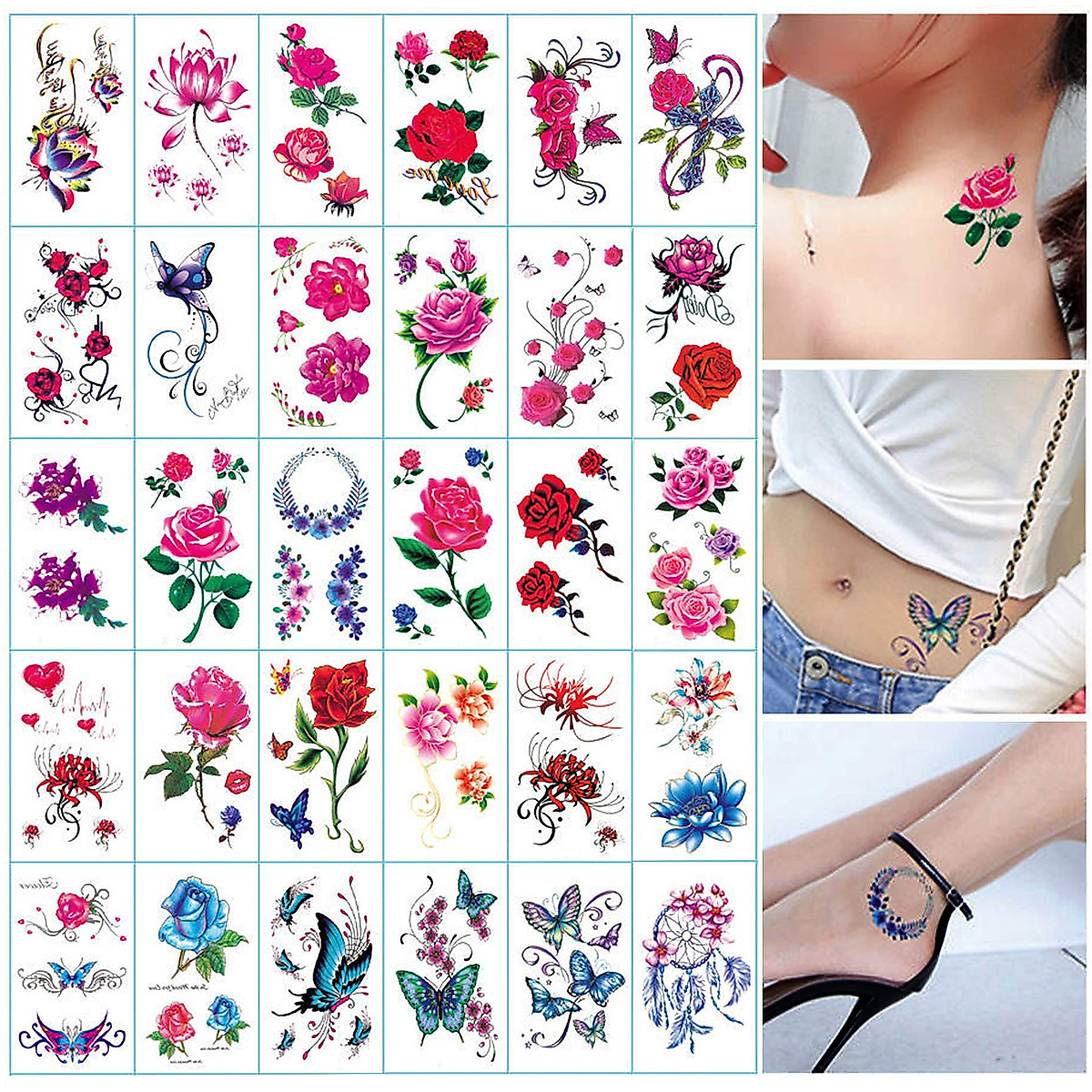 60 Sheets Waterproof Flower 3D Butterfly Fake Temporary Tattoo Sticker for Girl Lady Women