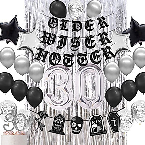 Older Wiser Hotter Banner Funny Black Party Decorations for Women Men Glitter Gothic 30th 40th 50th 60th Birthday Banner Funeral 30th Birthday Party Supplies