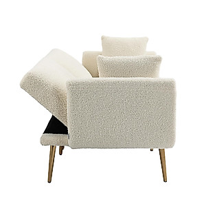 SZLIZCCC Accent Sofa, Mid Century Modern Teddy Velvet Fabric Couch， Convertible Futon Sofa Bed ，Recliner Couch Accent Sofa Loveseat Sofa with Gold Metal Feet (White Teddy)