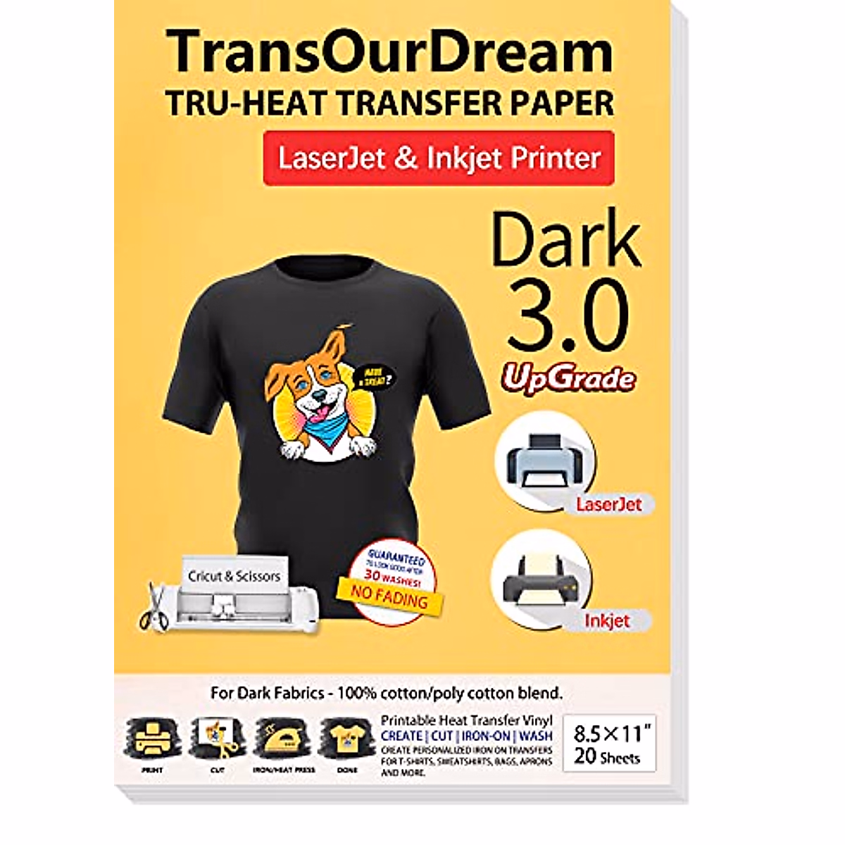 TransOurDream Iron on Heat Transfer Paper for Dark T Shirts (20 Sheets 8.5x11", Dark 3.0) Printable HTV Heat Transfer Vinyl for Inkjet & Laserjet Printer Iron On transfers for T Shirts (TRANS-D3-20)