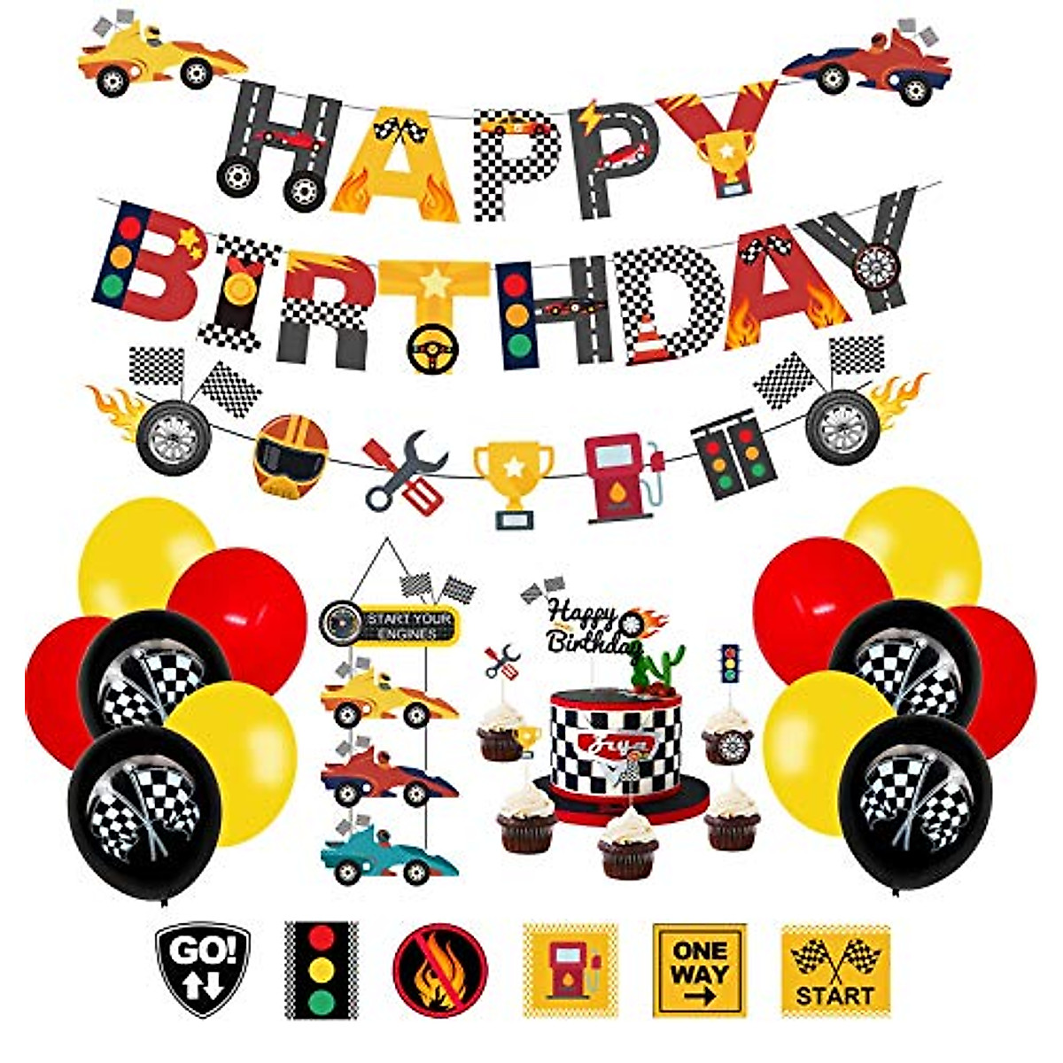PRATYUS Race Car Birthday Decorations for Kids Boys Let's go Racing Party Supplies With Banner, Welcome Hanger, Car Party Signs, Cake Topper and Checkered Balloons