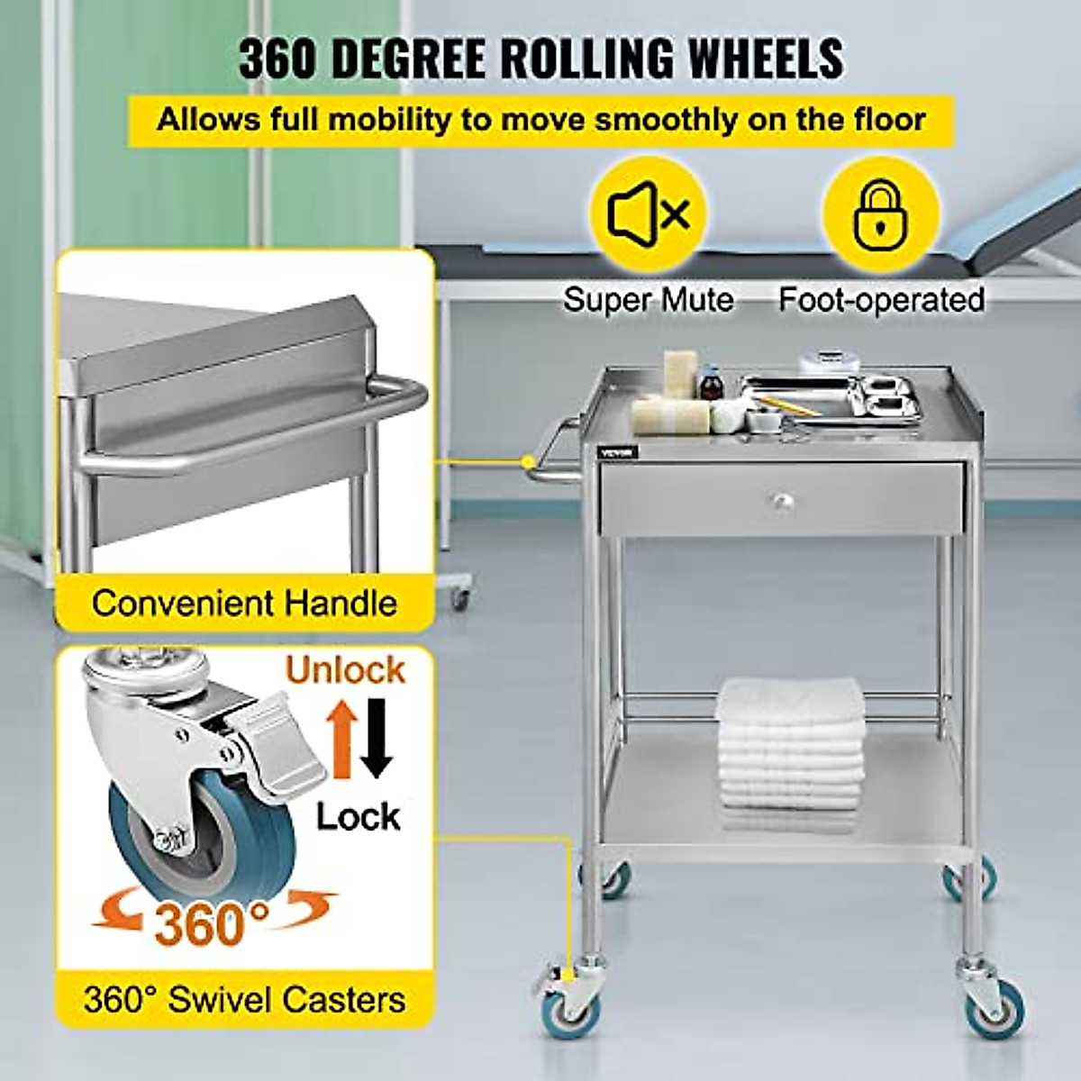 VEVOR Utility Cart with 2 Shelves Shelf Stainless Steel with Wheels Rolling Cart Commercial Wheel Dental Lab Cart Utility Services (2 Shelves/ 1 Drawer)
