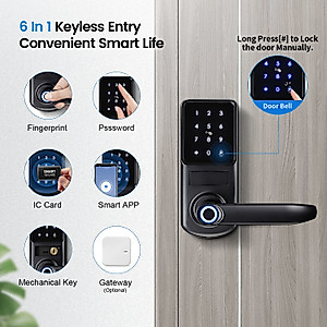 LOQRON Smart Fingerprint Door Lock, Security Keyless Entry Door Lock with Reversible Handle, Bluetooth Electronic Deadbolt Lock, App Control, Anti-Peep Digital Door Lock for Home Office - Black