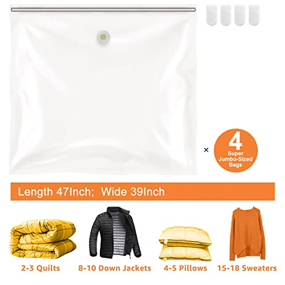Space Saver Vacuum Storage Bags Jumbo 4 Pack large Vacuum Storage Bags for bedding Reusable Storage Bags Vacuum Sealed with Double Seal for blanket, Comforter, Pillow and Quilt 47x39 Inches