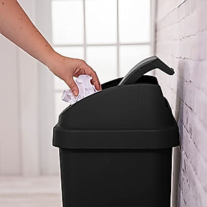 Sterilite 13 Gallon Plastic Swing Top Spave Saving Flat Side Lidded Wastebasket Trash Can for Kitchen, Garage, or Workspace, Black (4 Pack)