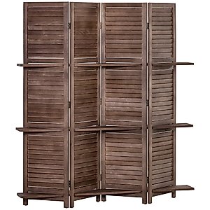 HOMCOM 4-Panel Folding Room Divider, 5.6 Ft Freestanding Paulownia Wood Privacy Screen Panel with Storage Shelves for Bedroom or Office, Walnut