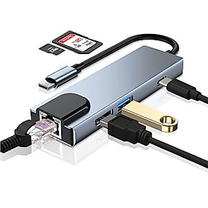 USB C Hub, Type C Multiport Adapter, 6 in 1 with RJ 45 Ethernet Port, 87W Power Delivery USB C to HDMI 4K SD/TF Card Slots USB 3.0 Data Ports Compatible with Mac-Book Pro Chromebook XPS USB C Devices