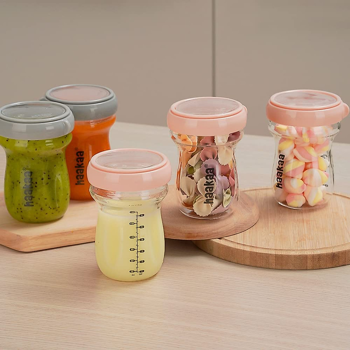 haakaa Glass Baby Food Storage Jar- Food Storage Container Airtight Lid-Wide Neck Gen.3 Baby Bottle -Leakproof BPA-Free 0m+ Newborn Babies(Peach, 6.3oz/180ml)