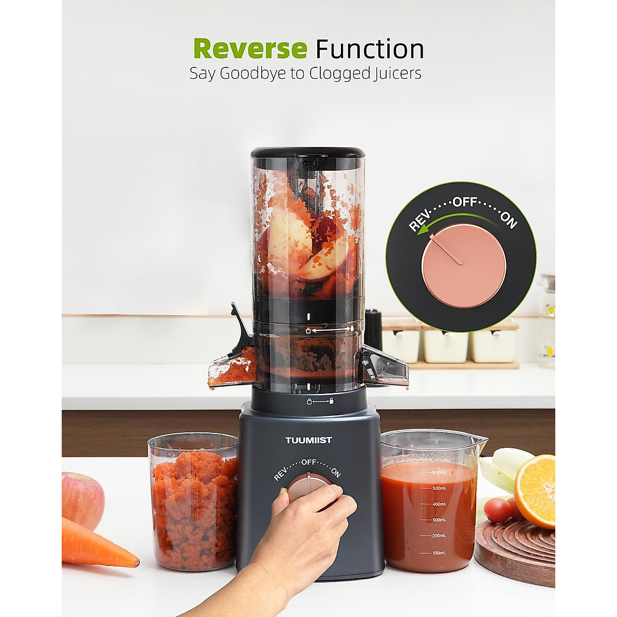 Cold Press Juicer with 8 Juice Bottles - Masticating Juicer Machines for Fruits and Veggies, 4.25" Large Feed Chute, Easy to Clean