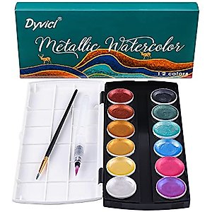 Dyvicl Glitter Metallic Watercolor Paints, 12 Assorted Colors, Portable Box with Water Brush, Sparkle Metallic Accents for Black Paper Drawing, Illustrating, Card Making, Coloring Books