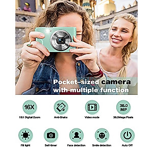 Digital Camera, Lecran FHD 1080P 36.0 Mega Pixels Vlogging Camera with 16X Digital Zoom, LCD Screen, Compact Portable Mini Cameras for Students, Teens, Kids (Green)