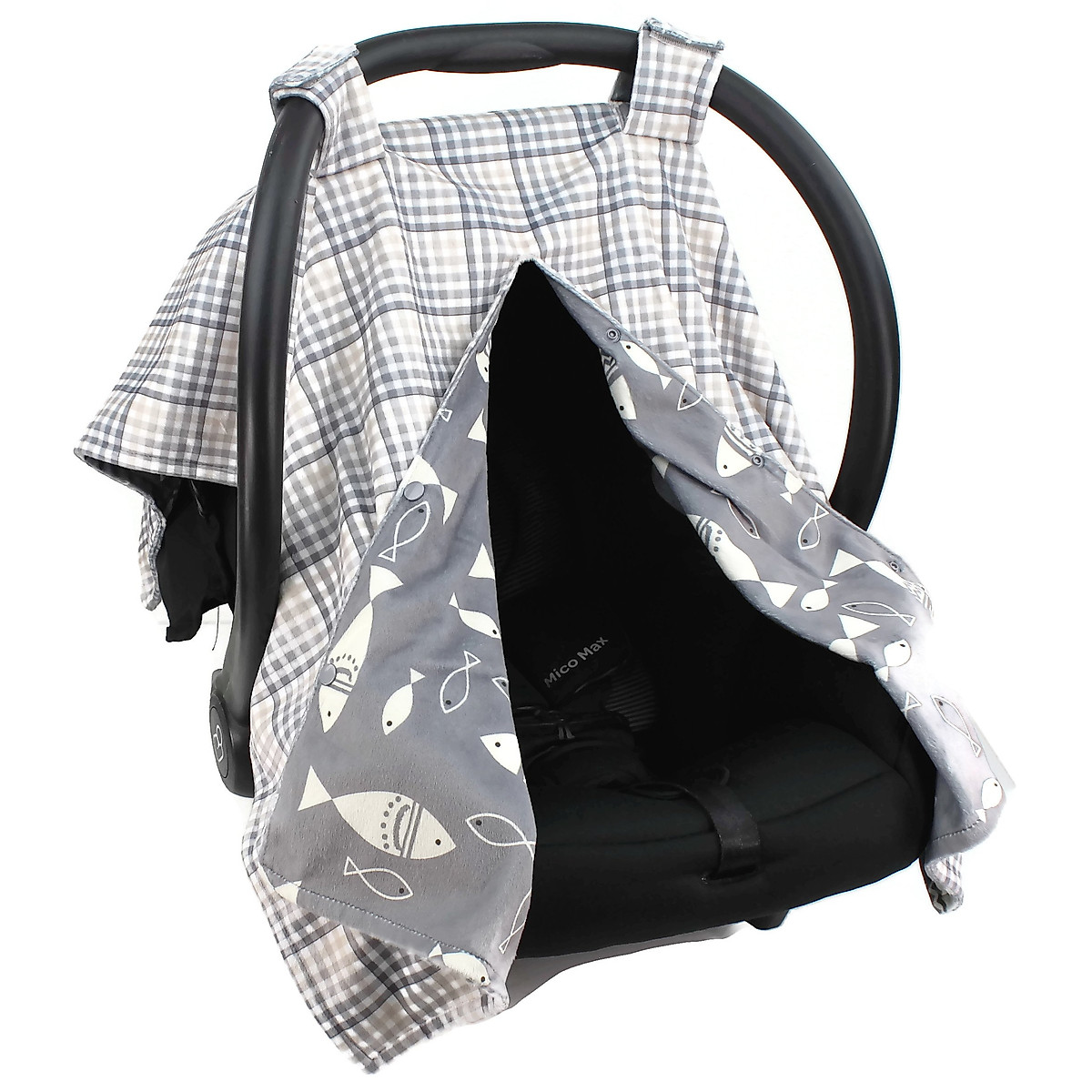 Dear Baby Gear Deluxe Reversible Car Seat Canopy, Custom Minky Print, Fish on Grey/Grey Tan Plaid