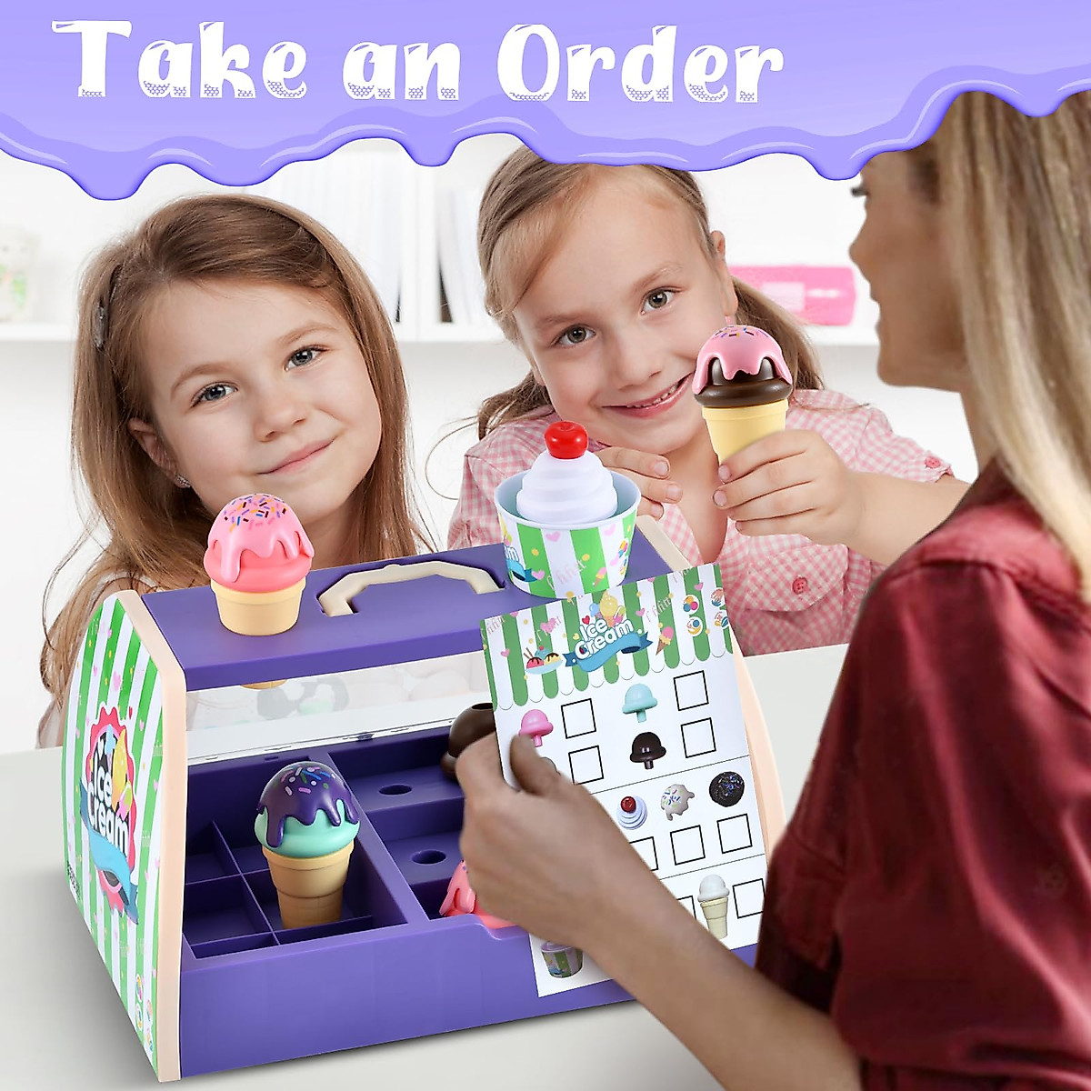 Ice Cream Toys for Kids, Toddler Pretend Play Kitchen Food Accessories, Ice Cream Counter Playset, Pretend Food Toys for 3 4 5 6 Year Old Girls & Boys, Christmas Birthday Toys Gift for Kids