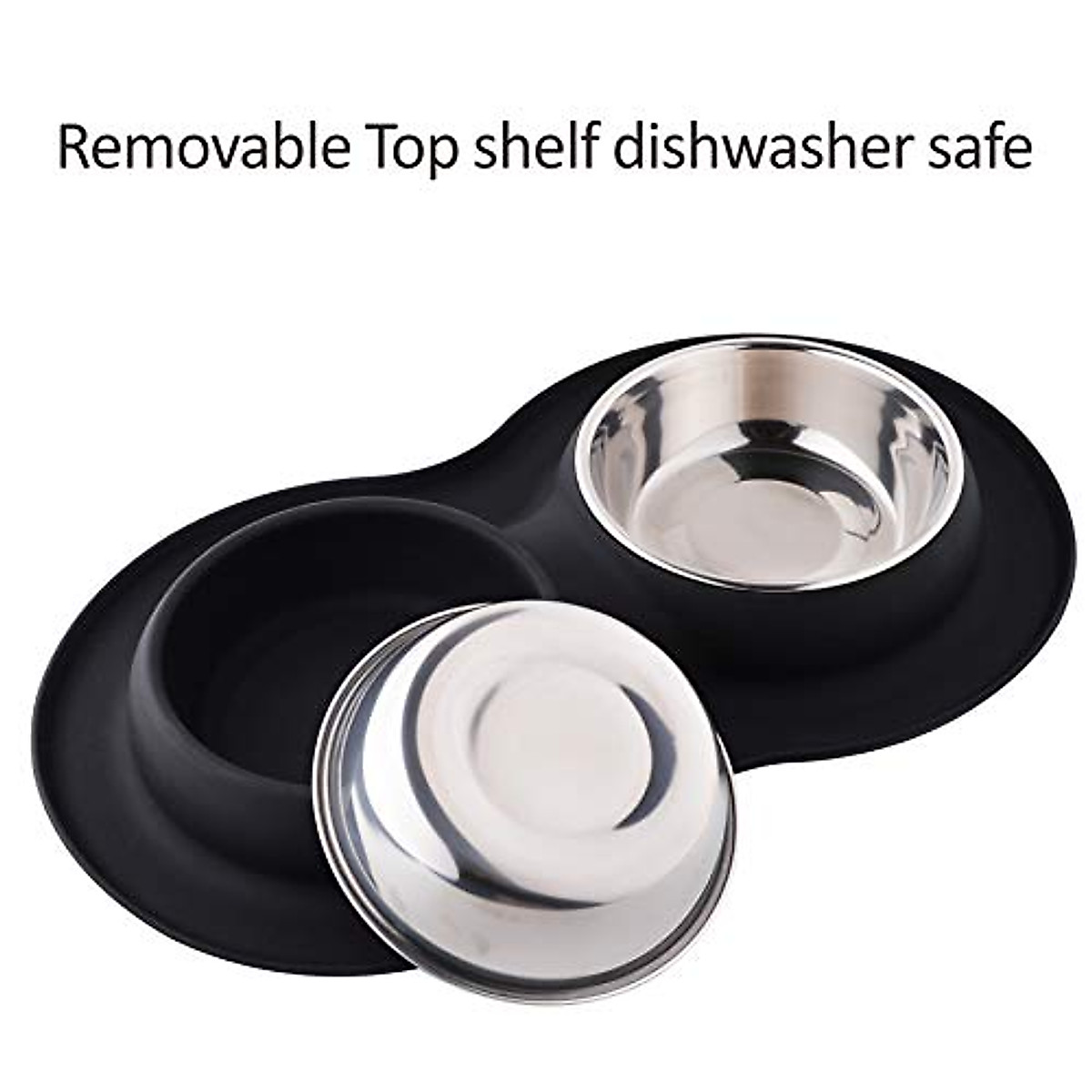 Roysili Double Dog Bowl Pet Feeding Station, Stainless Steel Water and Food Bowls with Non Skid Non Spill Silicone Mat, Quality Dog Bowl Holder for Small Medium Dogs Cats (MIini(for Puppies), Black)