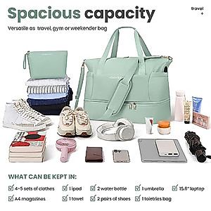 Weekender Bag with Shoe Compartment, Gym Bag for Women with Wet Pocket, Large Travel Bag with USB Charging Port for Travel and Gym-Green