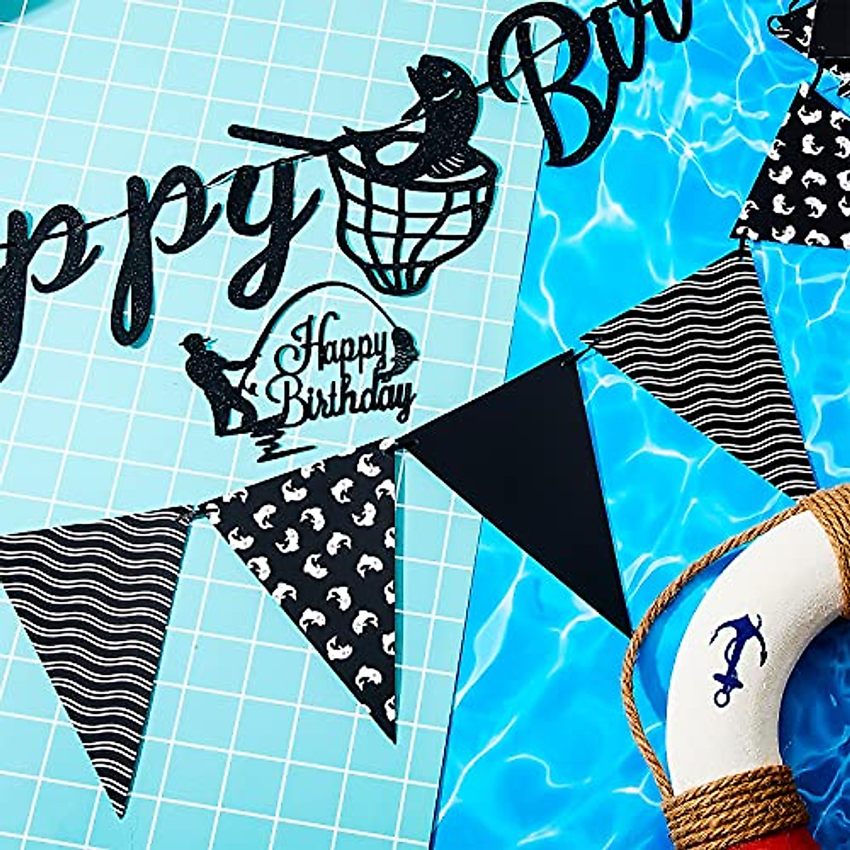 Fishing Birthday Banner & Cake Topper Set for Go Fishing Party