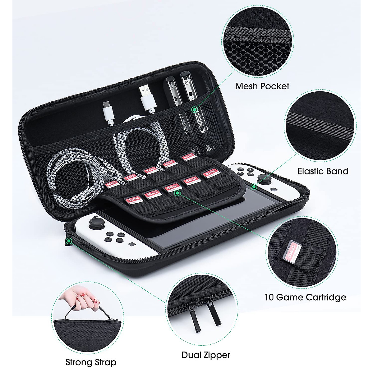 amFilm Switch OLED Accessories Bundle TechMatte 3-in-1 Essential Kit with Carrying Case, 2 Glass Screen Protectors, Designed for Nintendo Switch OLED Model 2021, Classic Black