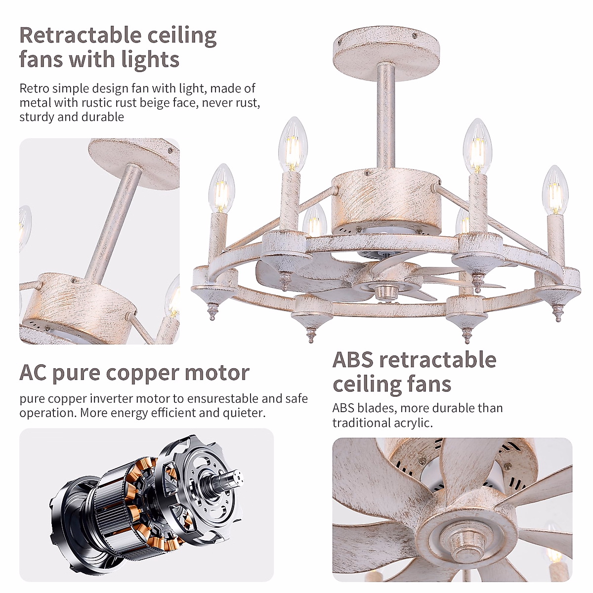 KINGTORO Rustic White Chandelier Ceiling Fans with Lights, 20.5" Wagon Wheel Chandelier,Adjustable Height,3 speeds,Fandelier with Lights and Remote for Kitchen Dining Room Living Room