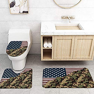 USA Flag with Army Camouflage 4 Pcs Shower Curtain Sets with Non-Slip Bathroom Rugs Toilet Lid Cover and Bath Mat, Durable Waterproof Curtains with Hooks Woodland Camo