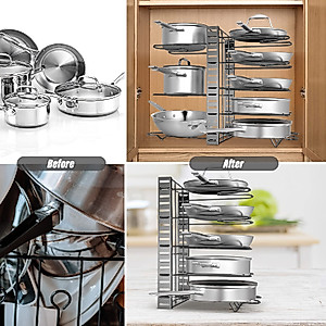 Gadhra Pots and Pans Organizer for Cabinet, 8 Tier Pot Rack with 3 DIY Methods, Adjustable Pot Lid Holders & Pan Rack, Pot Organizer for Kitchen Organization & Storage, Cabinet Organizer