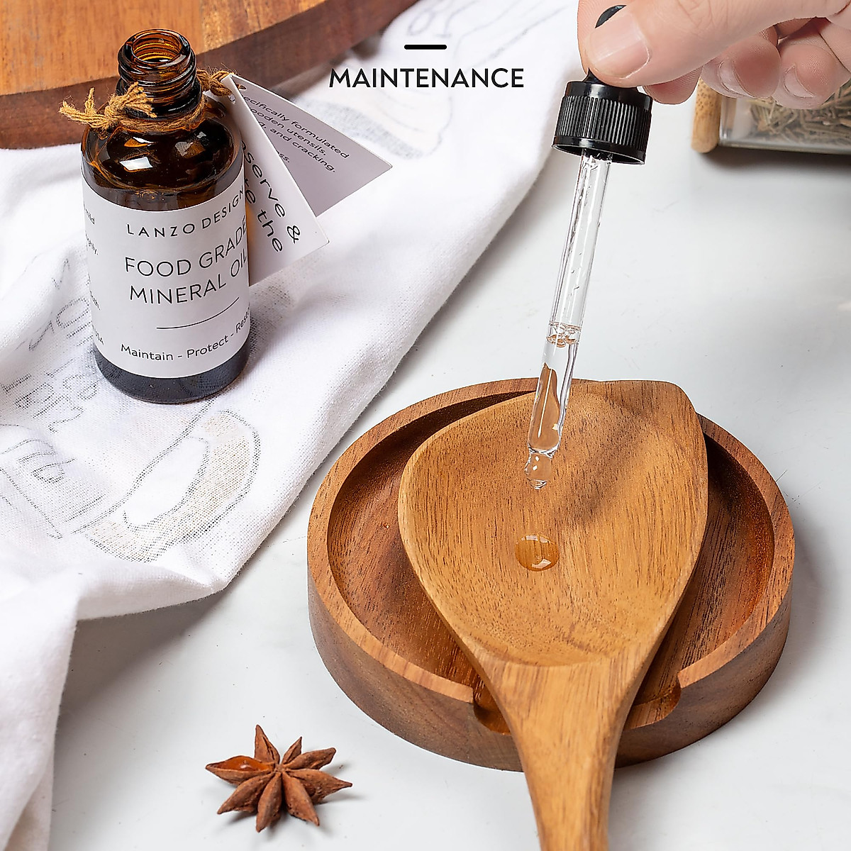 Lanzo Design Kitchen Utensil Set, 8 pcs Wooden Cooking Utensils Spatula Set with Ceramic Holder (Black Holder)