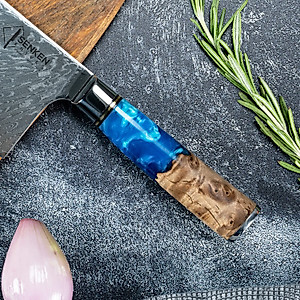SENKEN Damascus Steel Cleaver Knife - Tsunami Collection - 67-Layer Japanese VG10 Steel - Unique Blue Resin & Natural Wood Handle, Razor Sharp, Beautiful Damascus Wave Pattern (7.5" Cleaver Knife)