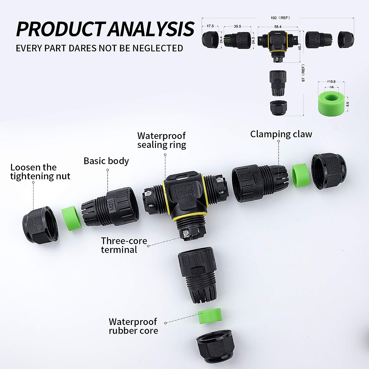 CMX Junction box outdoor waterproof cable connector,M20T,IP68,used for maintenance and power expansion. Suitable for 4-core cables(5mm-12mm)
